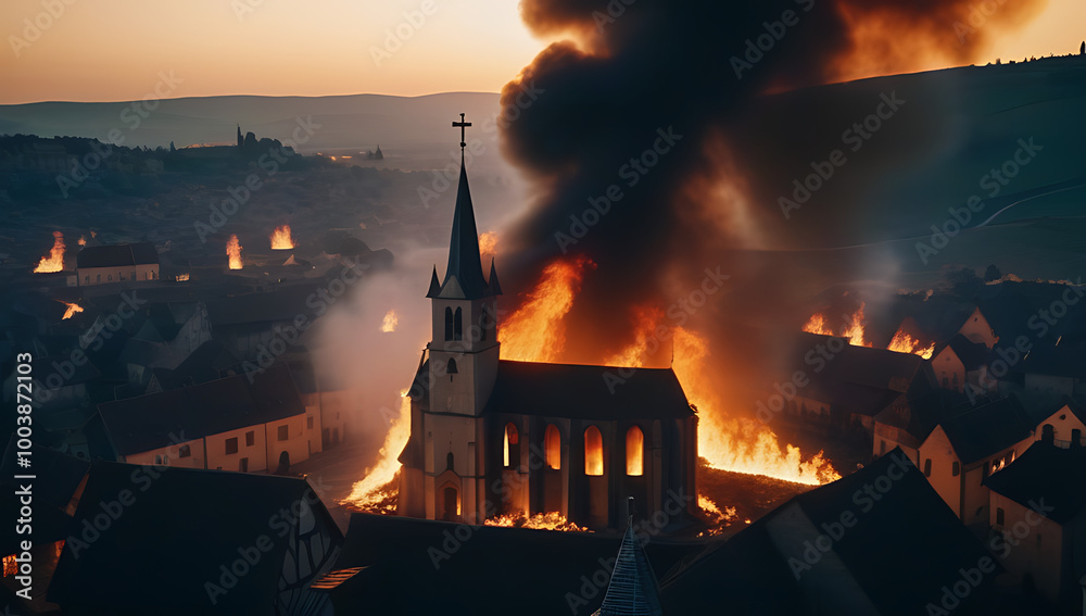 medieval town flames battle church burning depicting fall empire Stock ...