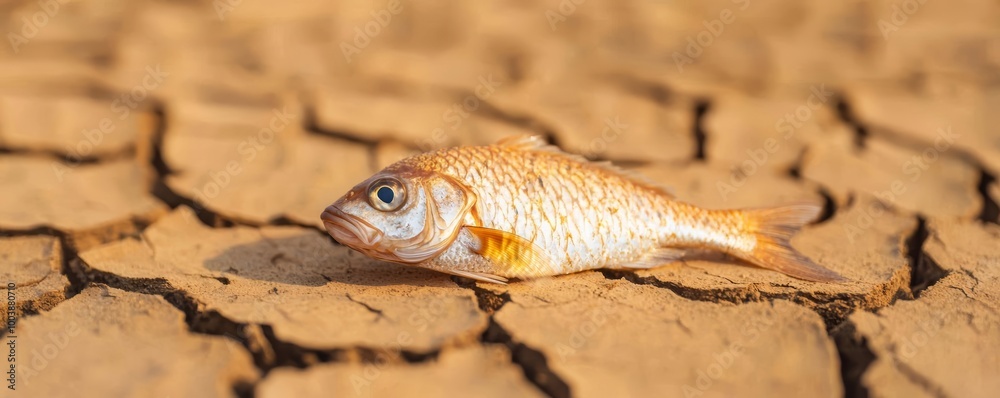 Dying fish in a dried-up riverbed, visualizing the environmental impact ...