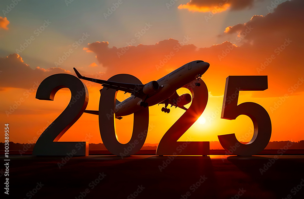 Airplane taking off against a beautiful sunset sky in the new year 2025 ...