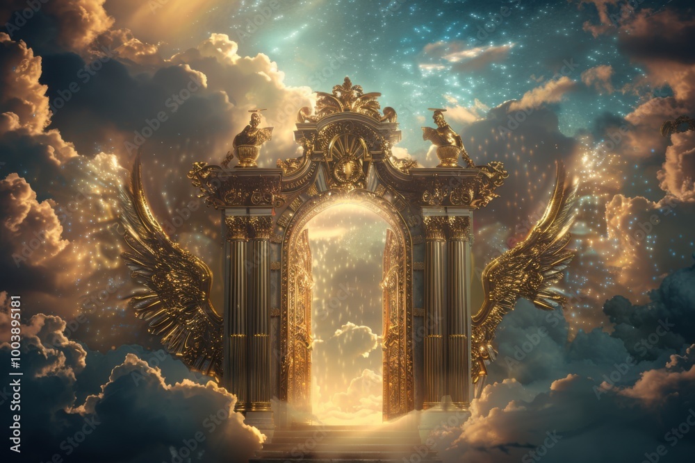 Radiant Golden Gates of Heaven Surrounded by Angel Wings and Glowing ...