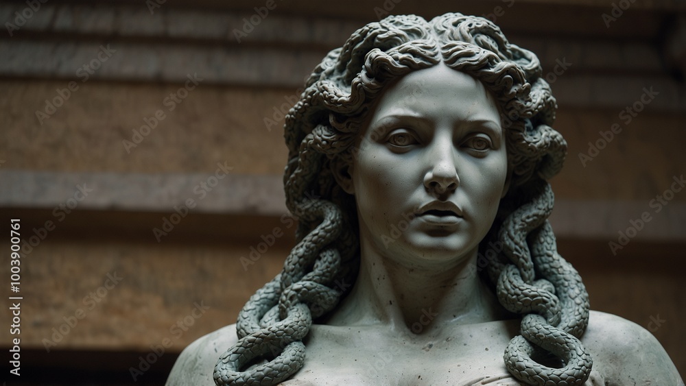 A haunting statue of Medusa, with her snake-like hair writhing, her ...