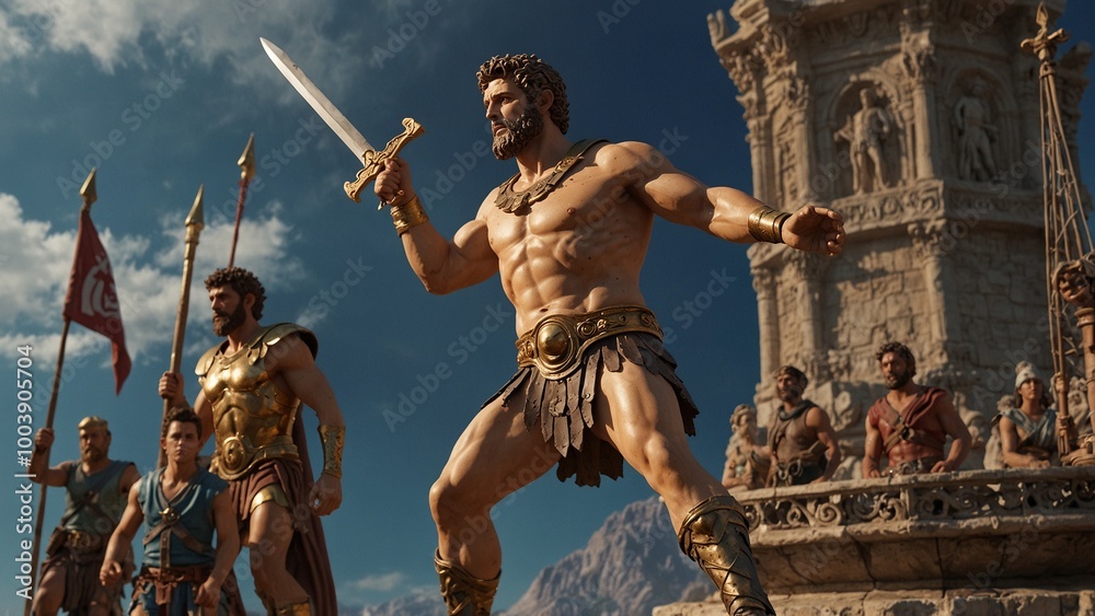 A dynamic statue of Jason leading the Argonauts, his sword raised and a ...