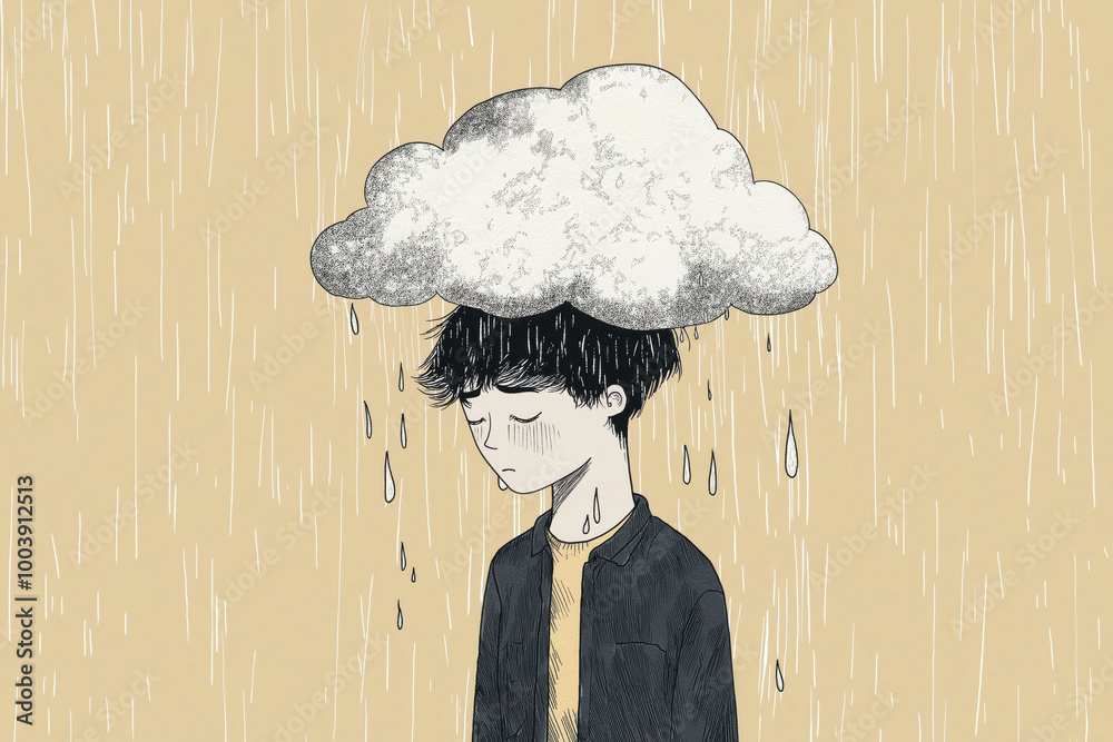 sad young boy standing under a raincloud, symbolizing depression ...