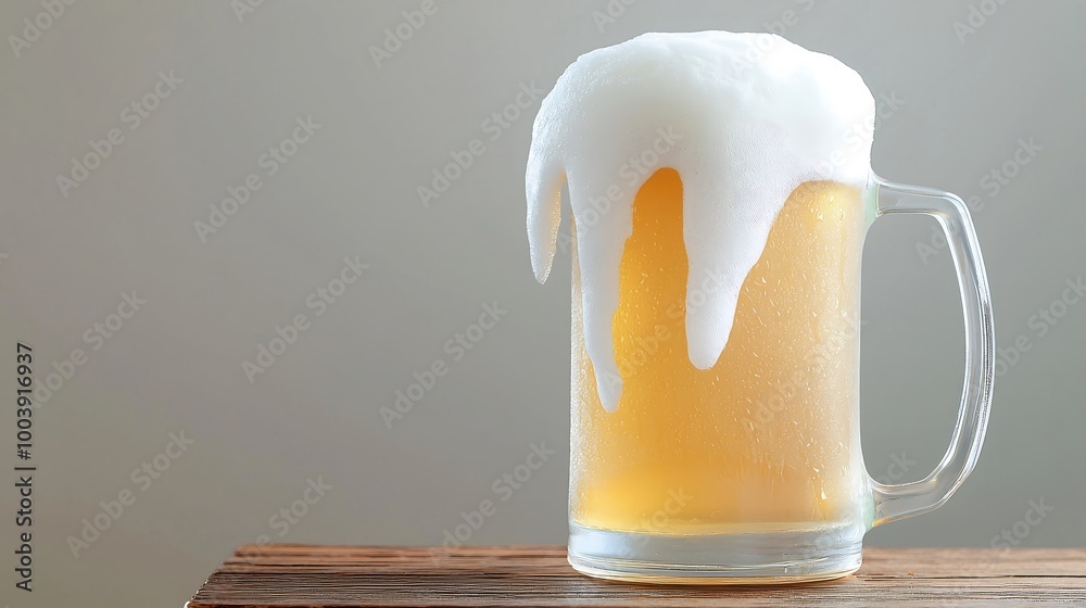 Frosted beer mug overflowing with foam, placed on a rustic wooden table ...