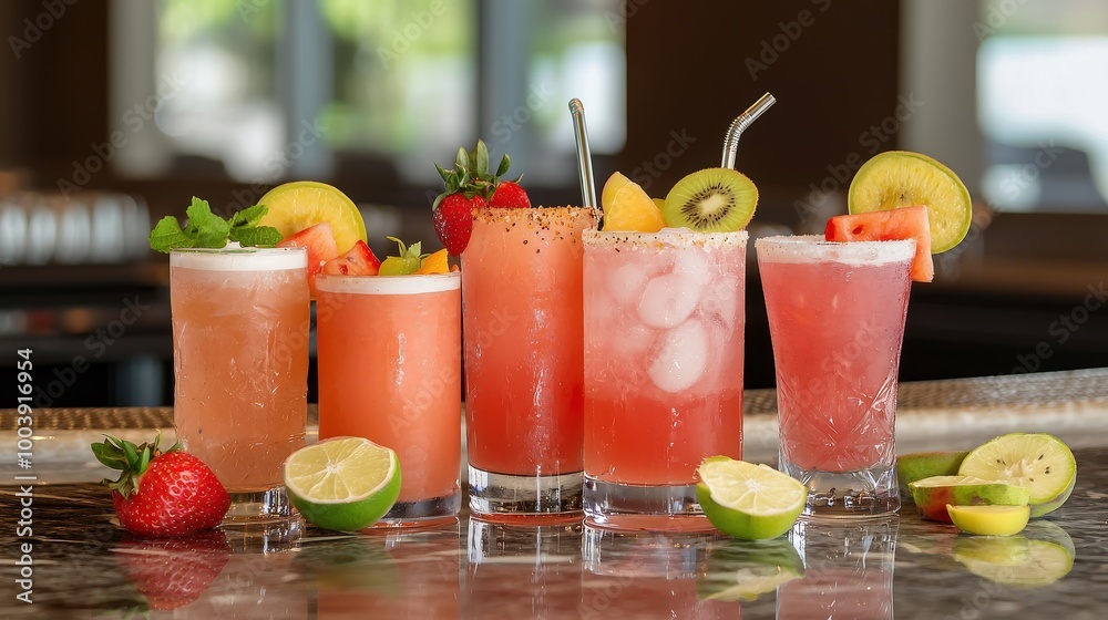 Colorful array of mixed drinks on a bar counter with fresh fruit ...