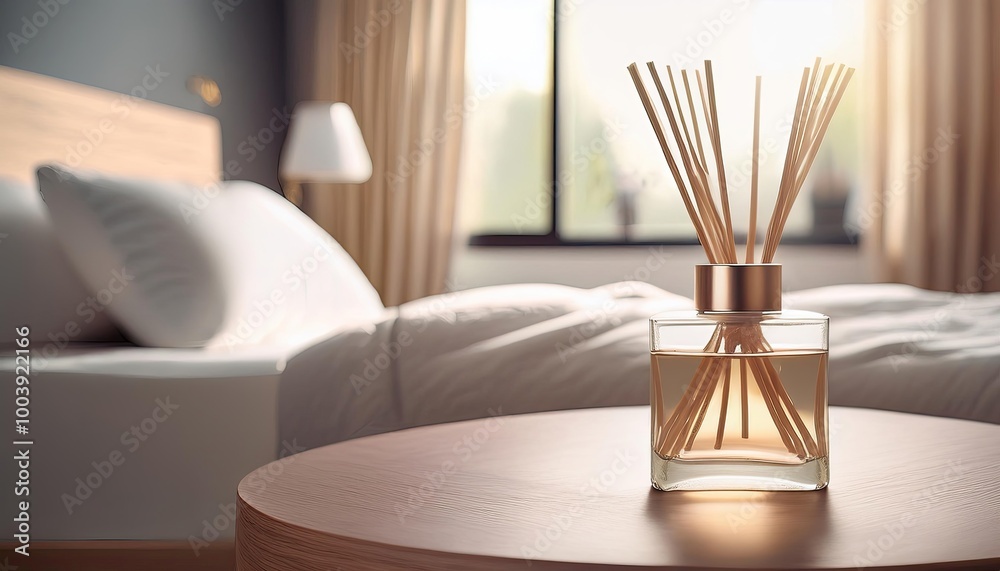 Aroma diffuser with reeds on a bedside table in the bedroom. Stock ...