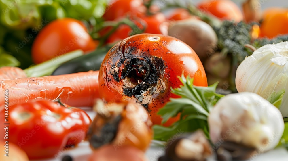 Fresh vegetables with a single rotten tomato in the center, symbolizing ...