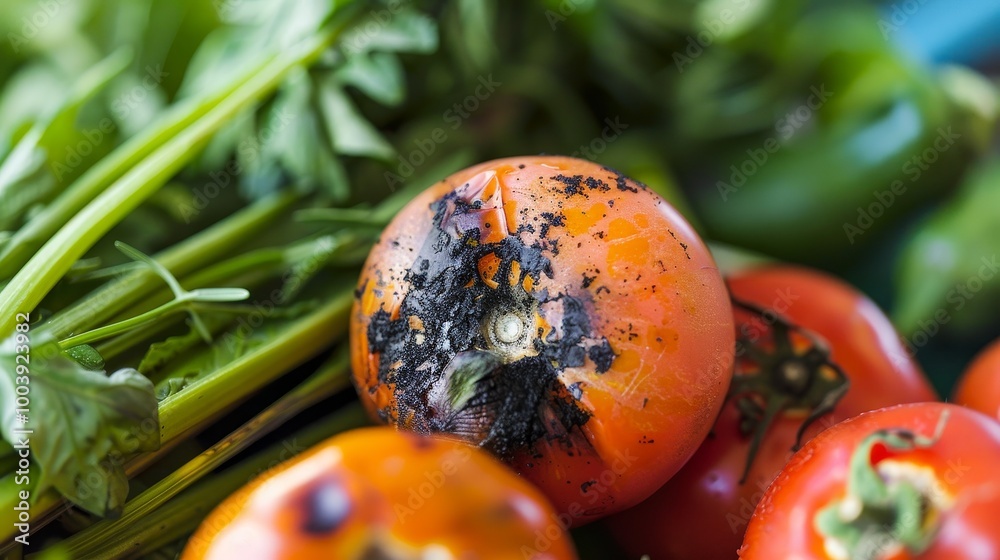 Fresh vegetables with a single rotten tomato in the center, symbolizing ...