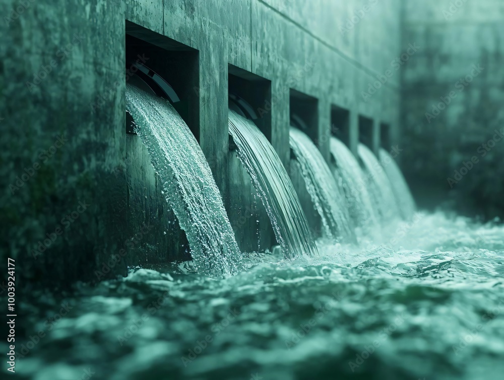 Dynamic water flow cascading from drainage outlets, creating a serene ...