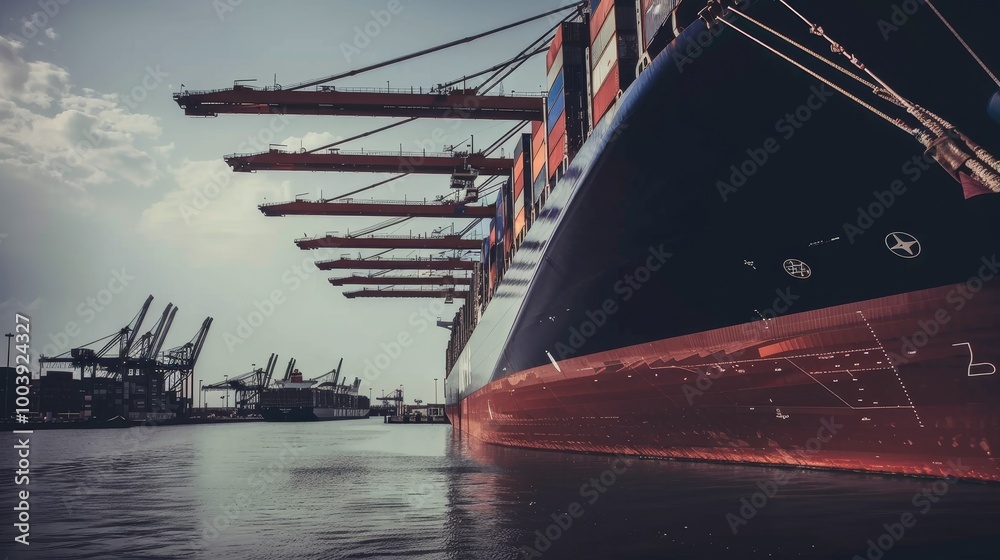 Large cargo ship docked at a port with cranes and containers ...