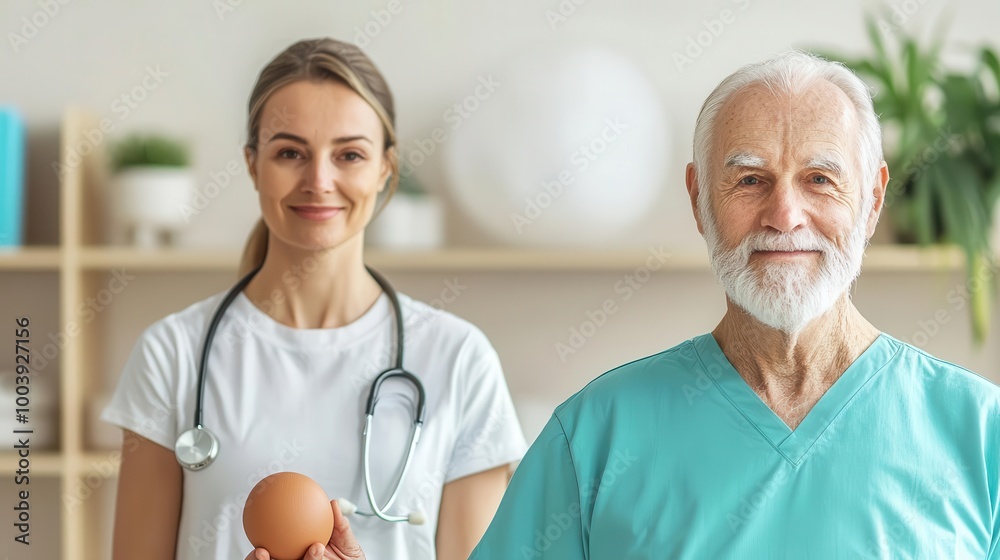 Doctor guiding elderly patient through gentle therapy exercises ...