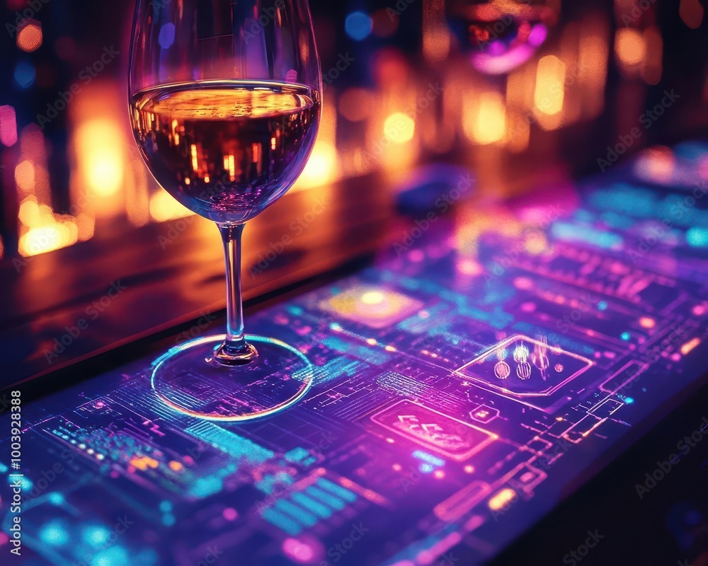 Wine pairing with glowing holographic wine origins and neon-lit tasting ...