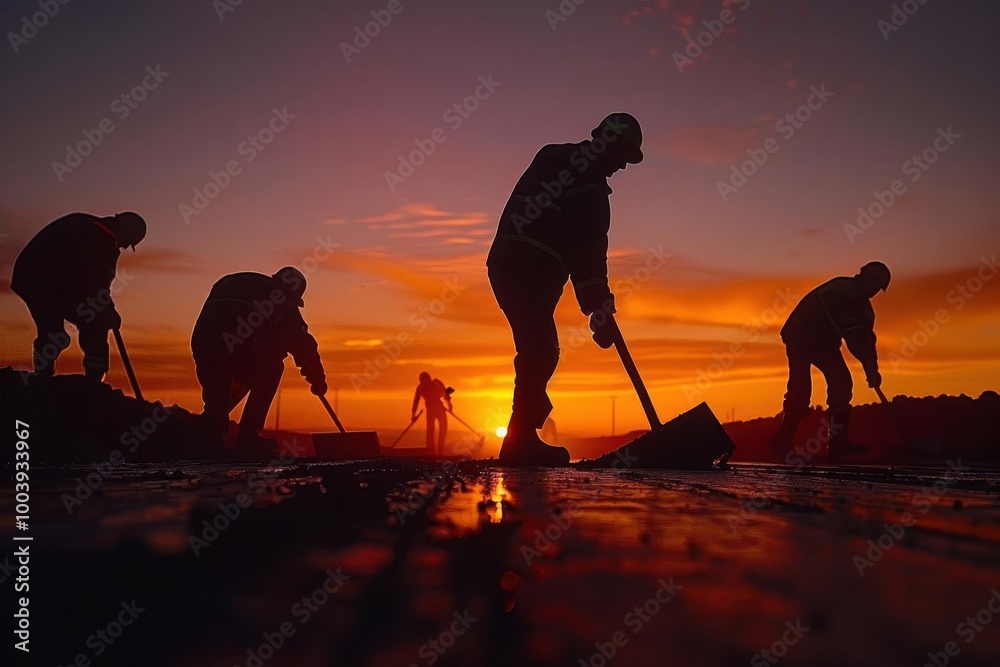 Silhouetted workers labor at sunrise, creating a powerful visual. This ...