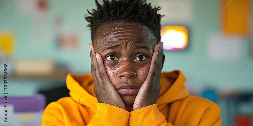 Teenage student with acne breakout holding face in hands looking ...