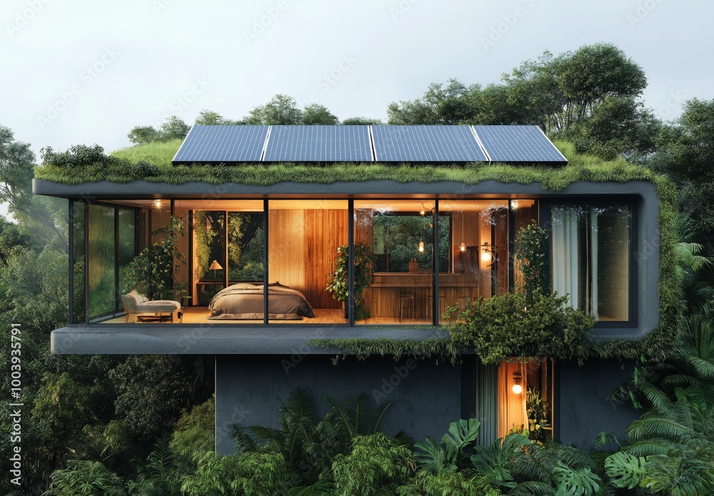 Modern eco-friendly house with solar panels and glass walls in a lush ...