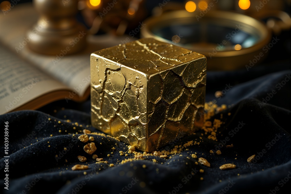 Shimmering Pyrite Cube with Gold Dust and Black Velvet, Photography of ...
