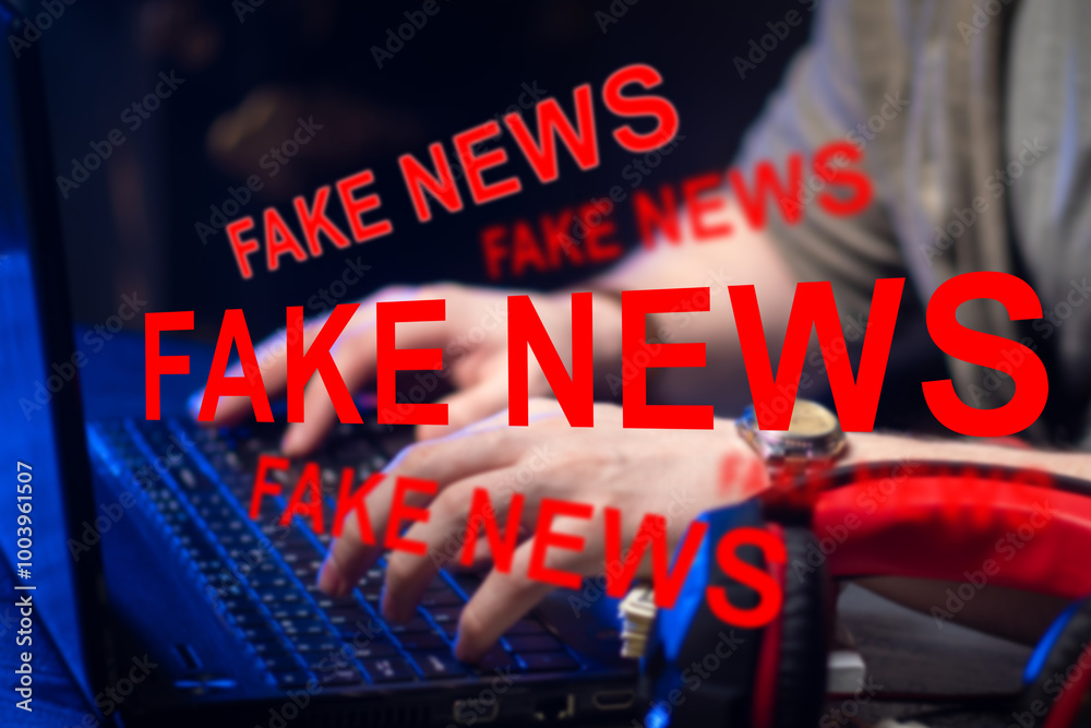 Fake news. Journalist hands on laptop keyboard. Spreading ...
