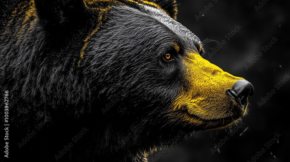 A black bear with vibrant yellow accents on its muzzle and ears is ...