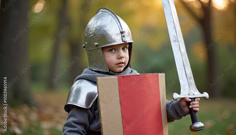 A child dressed as a medieval knight with a homemade cardboard shield ...