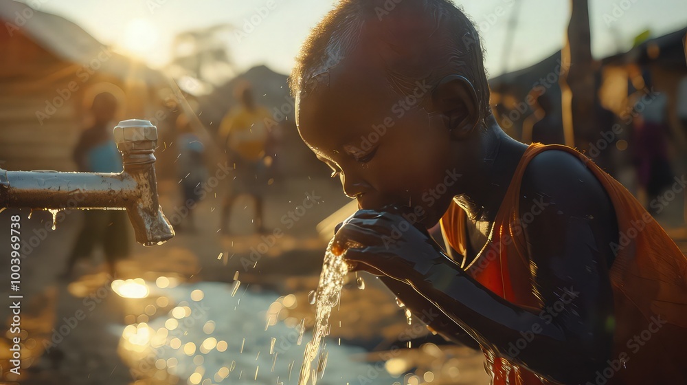 A child drinking clean water from a public tap in a village, linking ...
