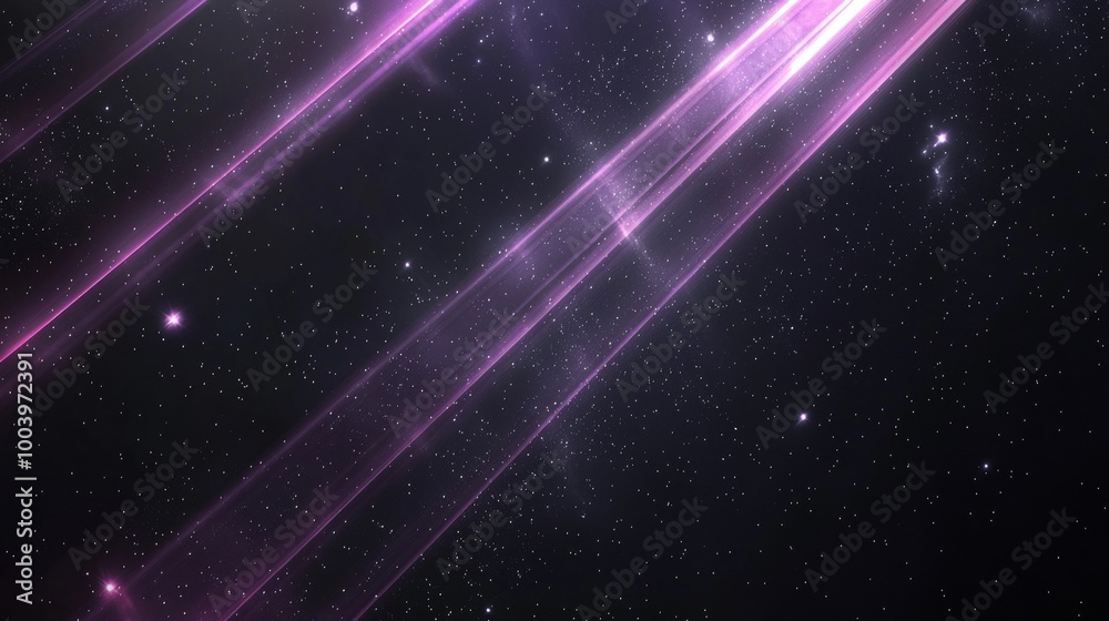 Multiple pink beams of light travel at an angle through a field of ...