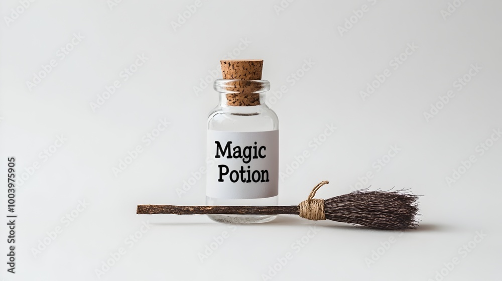 A small glass vial labeled Magic Potion with a cork stopper lying next ...