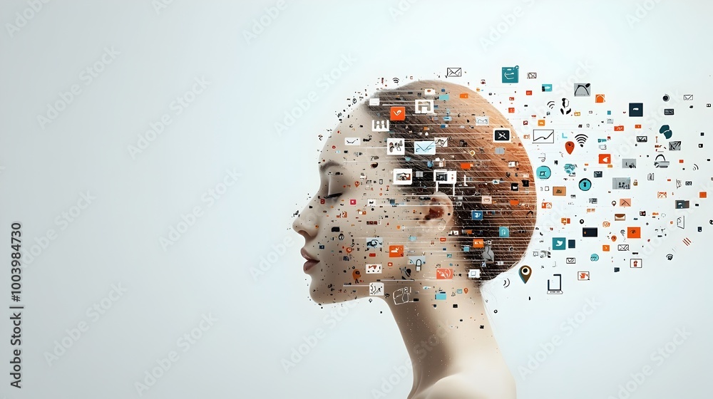 Digital face being drawn out of floating icons and abstract symbols ...