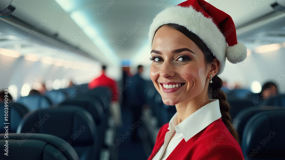 A beautiful young flight attendant wearing a Santa hat smiles ...