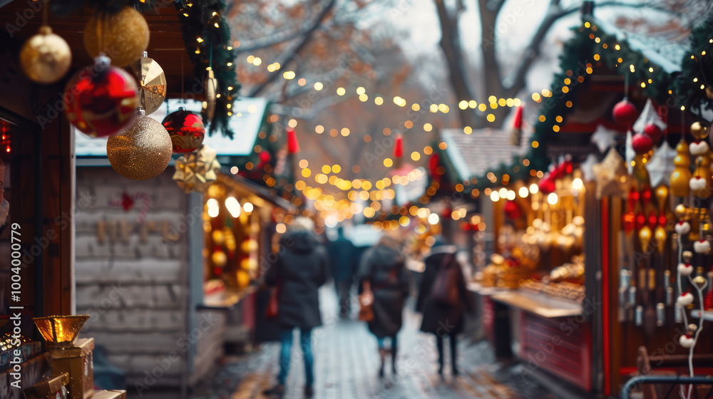 A bustling Christmas market scene, with twinkling lights, festive ...
