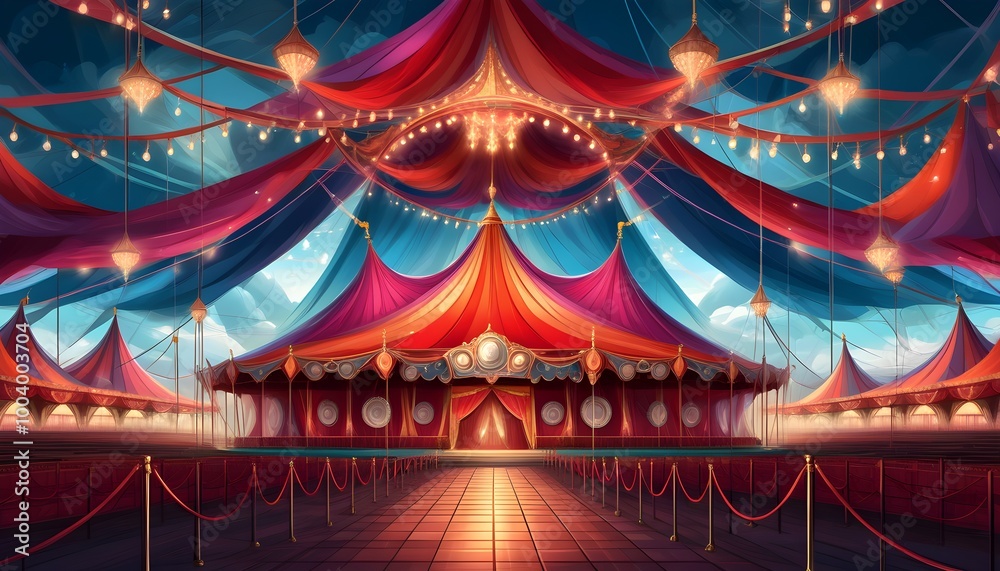 Vivid digital portrayal of an expansive circus tent interior, radiating ...
