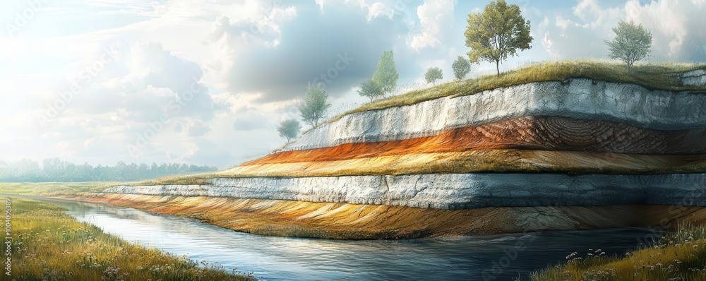 View of a zoned earthfill dam with its characteristic layers, water ...