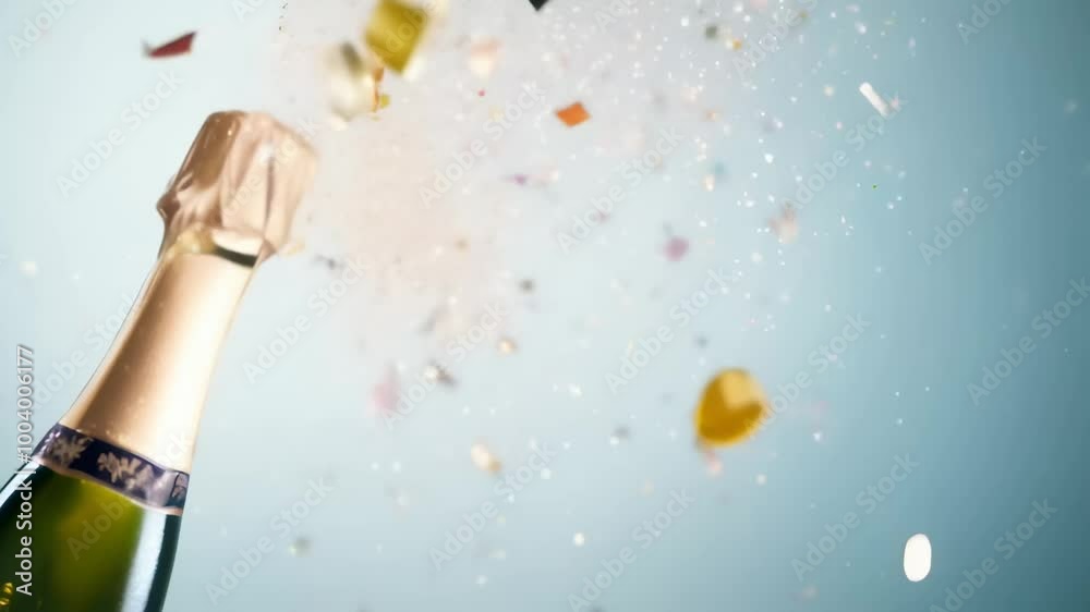 Festive champagne bottle pops open, sending confetti exploding against ...