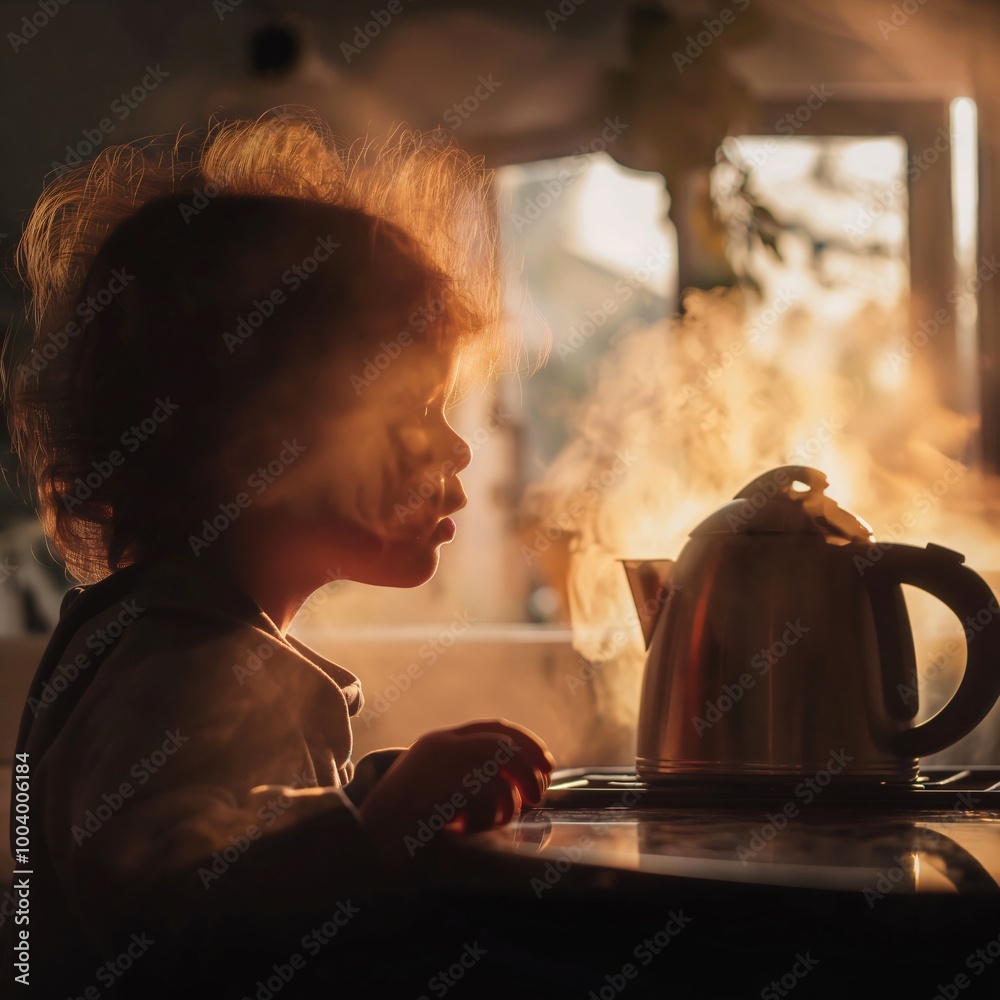 Young child sitting at a table indoors, watching steam rise from a ...