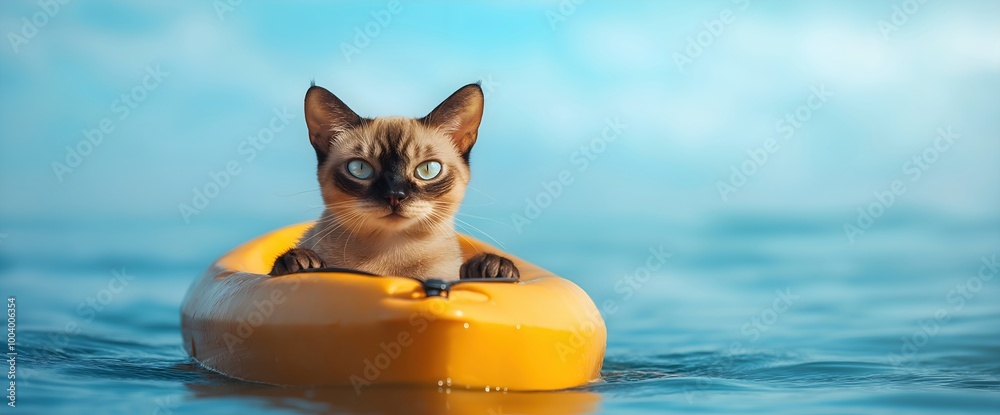 Siamese cat floating in yellow inflatable ring on blue water. Pet ...