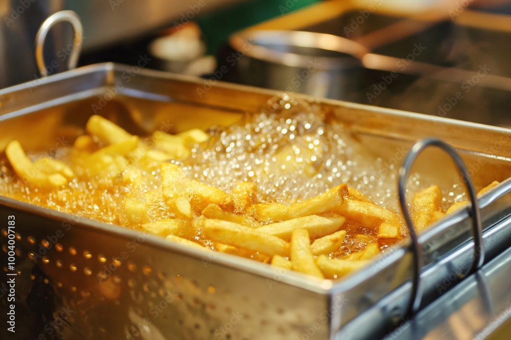 French fries frying in hot oil in a kitchen deep fryer, creating a ...