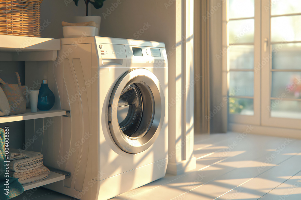 Front loading washing machine standing in a sunlit laundry room with a ...