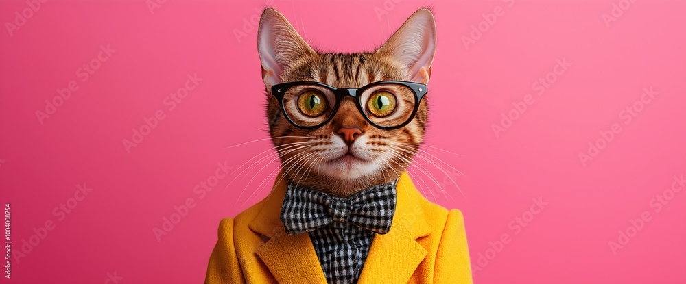 Intellectual tabby cat wearing glasses and bow tie with yellow jacket ...