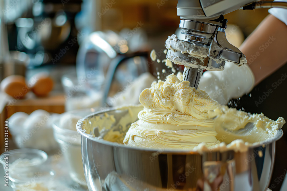 Professional grade stand mixer is blending cake batter in a bright and ...