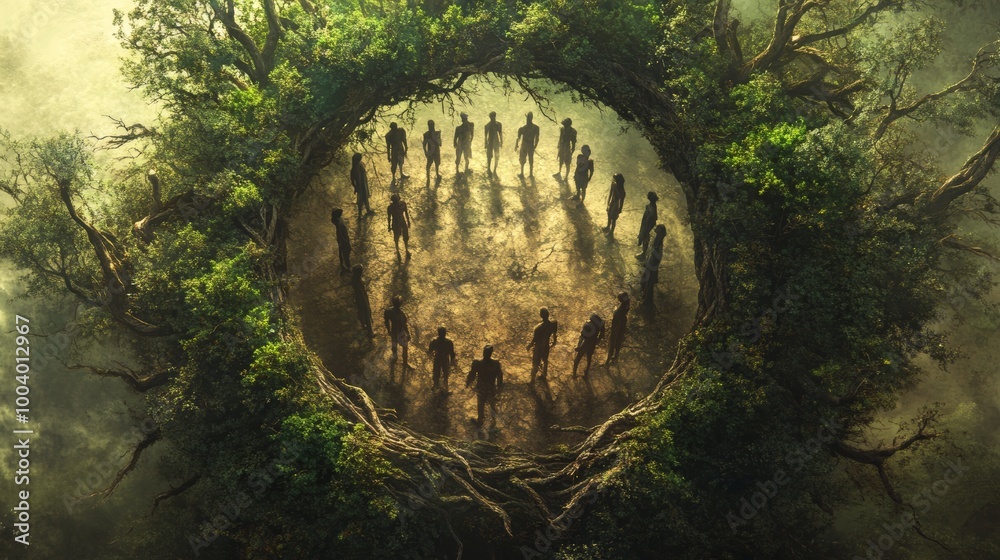 A symbolic scene where people in a circle transform into different ...
