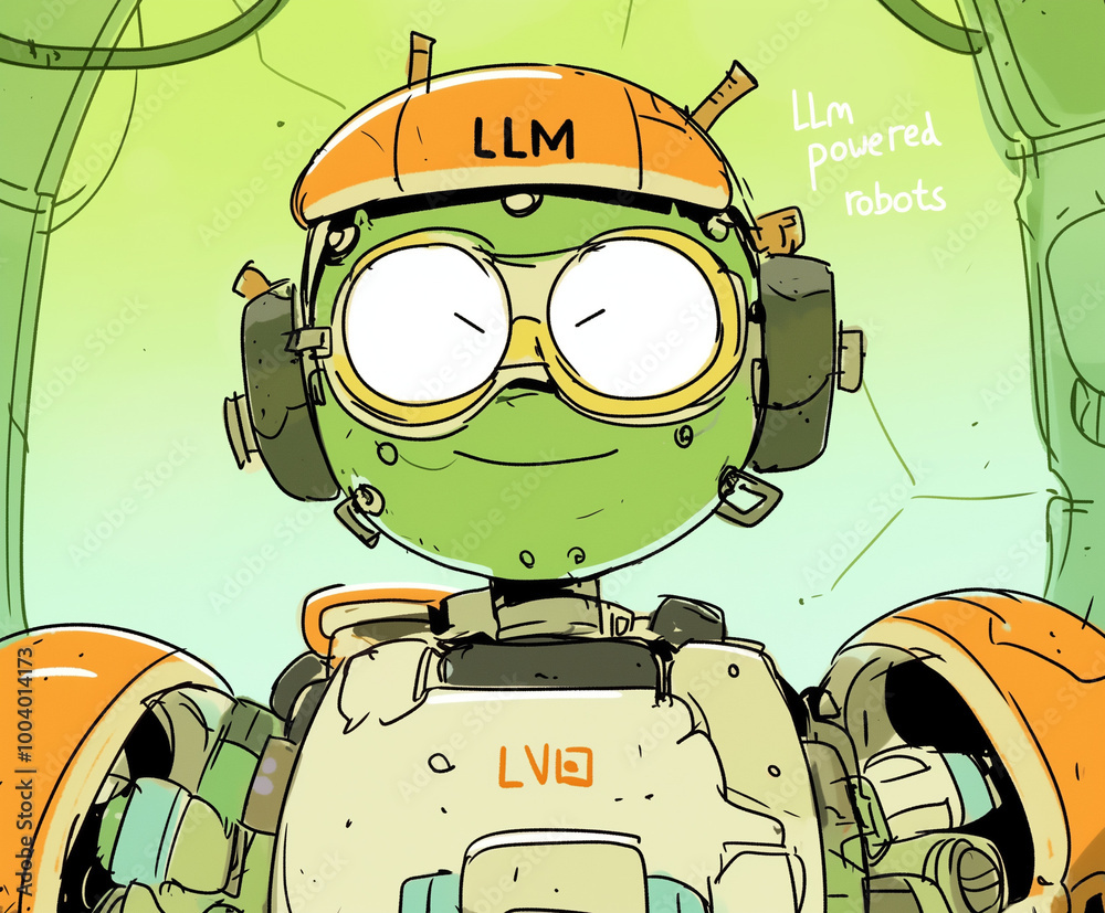illustration of an LLM powered robot with title. playful cartoon ...