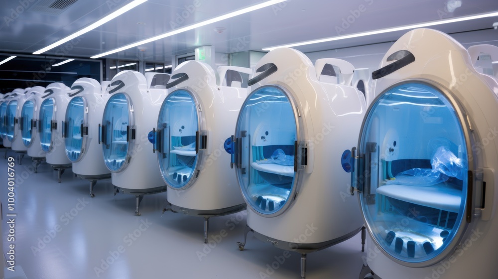 A high-tech neonatal unit displays rows of futuristic incubators, each ...