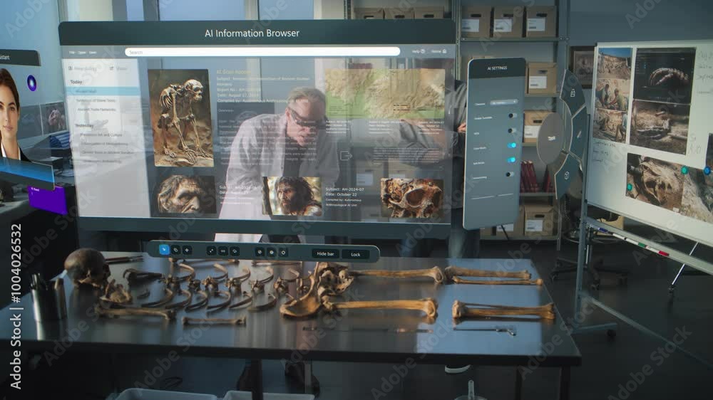 Advanced archaeological lab: Two archaeologists in VR headsets conduct bones examination using ...