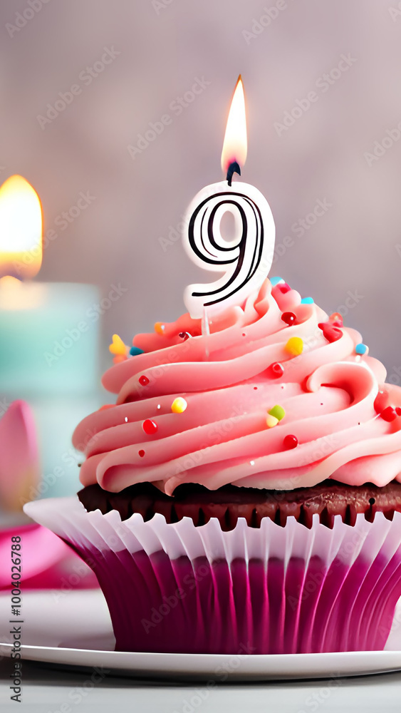 Birthday cupcake with lit birthday candle Number nine for nine years or ...