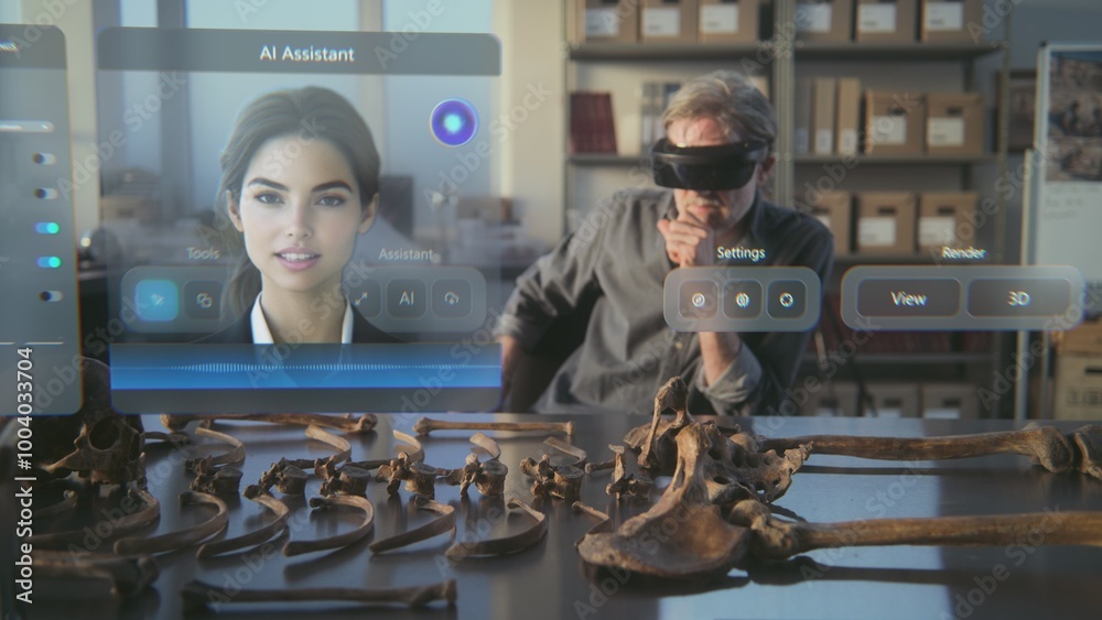 Advanced archaeological lab: Archaeologist in VR headset conducts bones ...