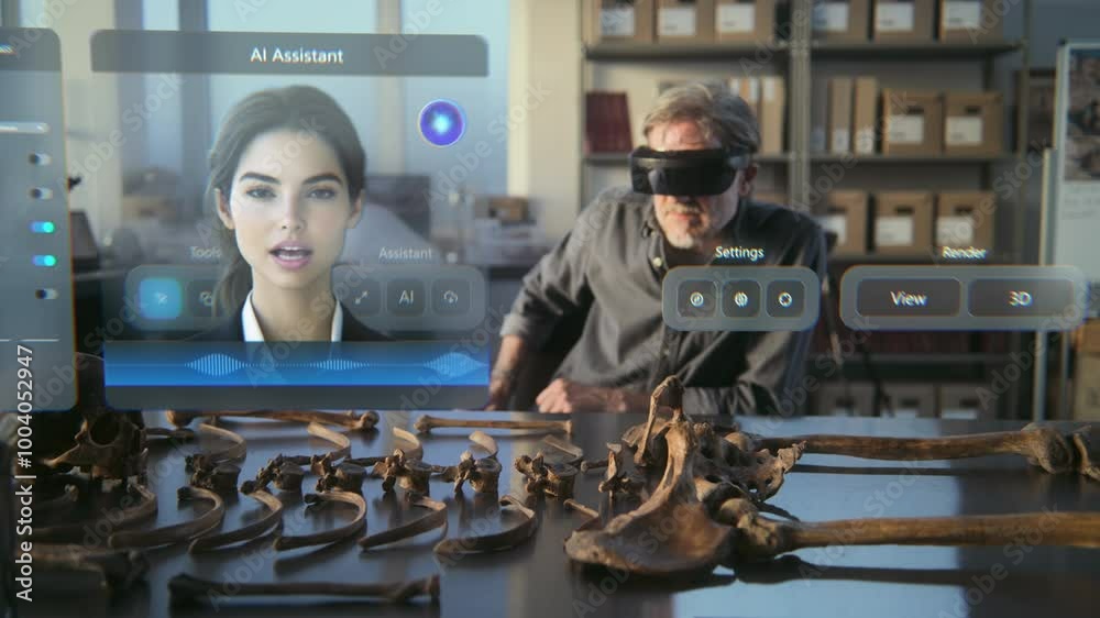 Advanced archaeological lab: Archaeologist in VR headset conducts bones ...