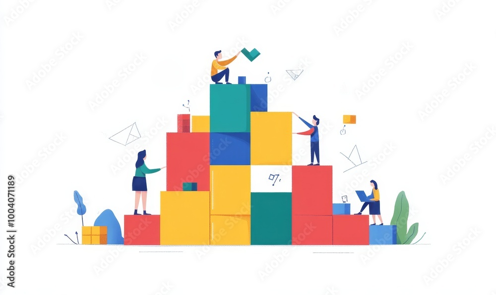 Tiny characters build business blocks. Hand puts part structure ...