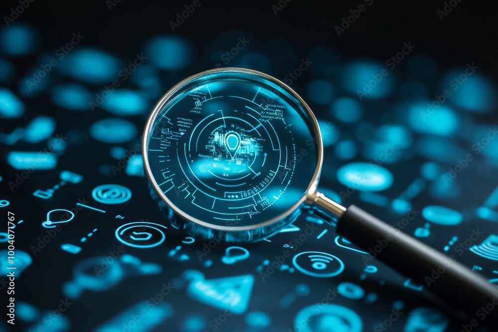 Magnifier glass focus to target objective with business icons. planning ...