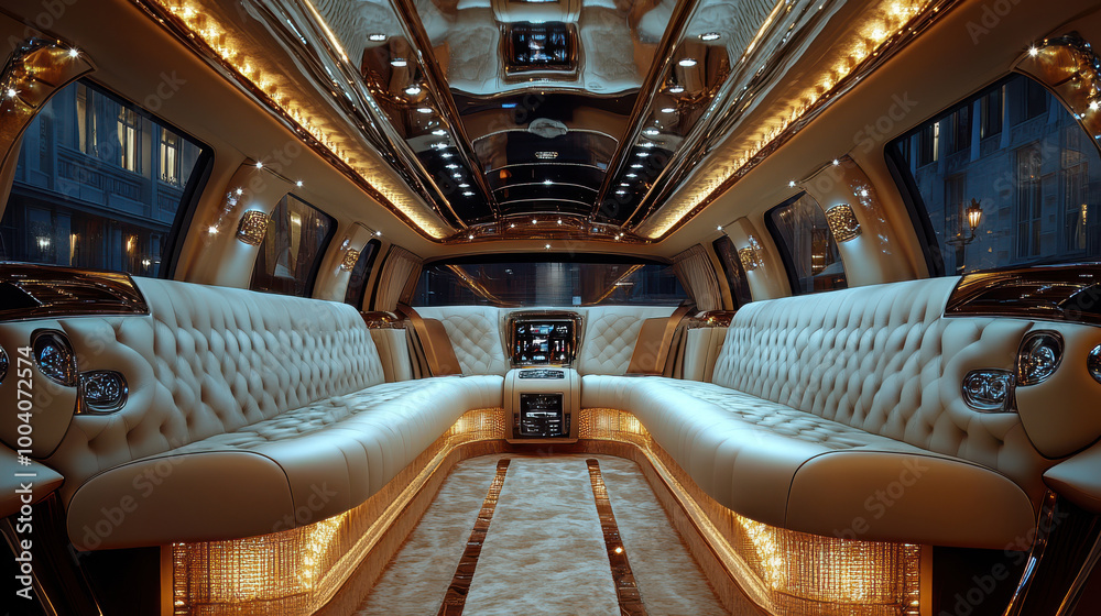 Luxurious leather interior of modern limousine with golden ambient ...