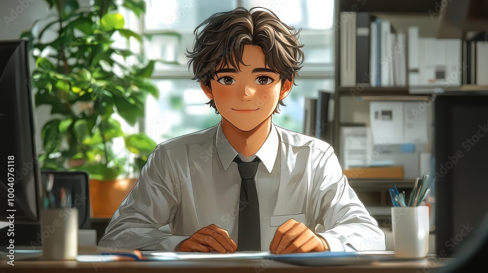 anime boy dressed in formal attire confidently managing a professional ...