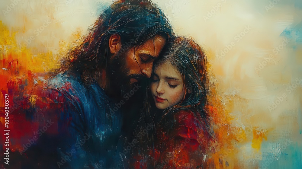 artistic representation of jesus christ embracing a young girl rich ...
